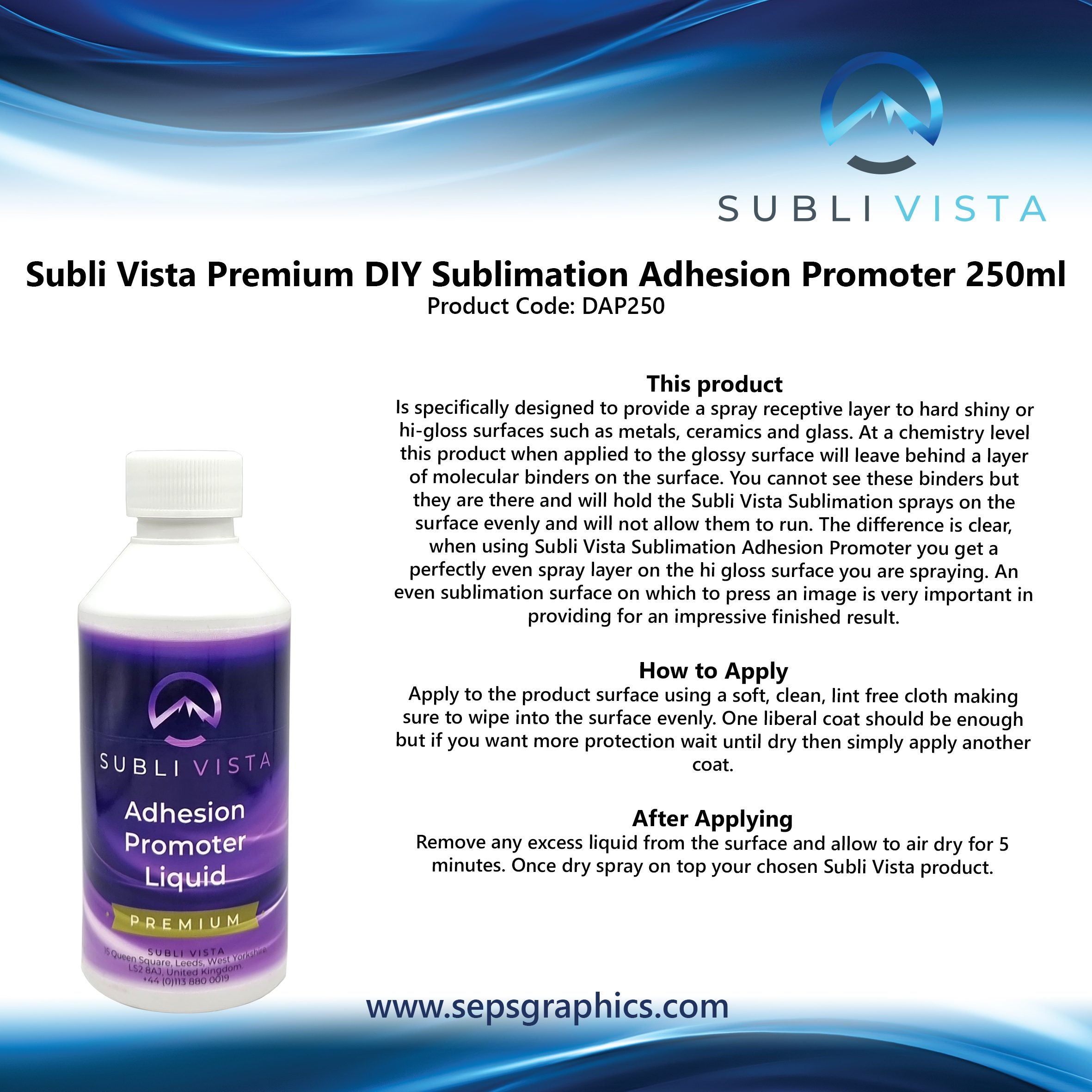 Subli Vista Adhesion Promoter Liquid 250ml for sublimation coatings - SEPS Graphics ...